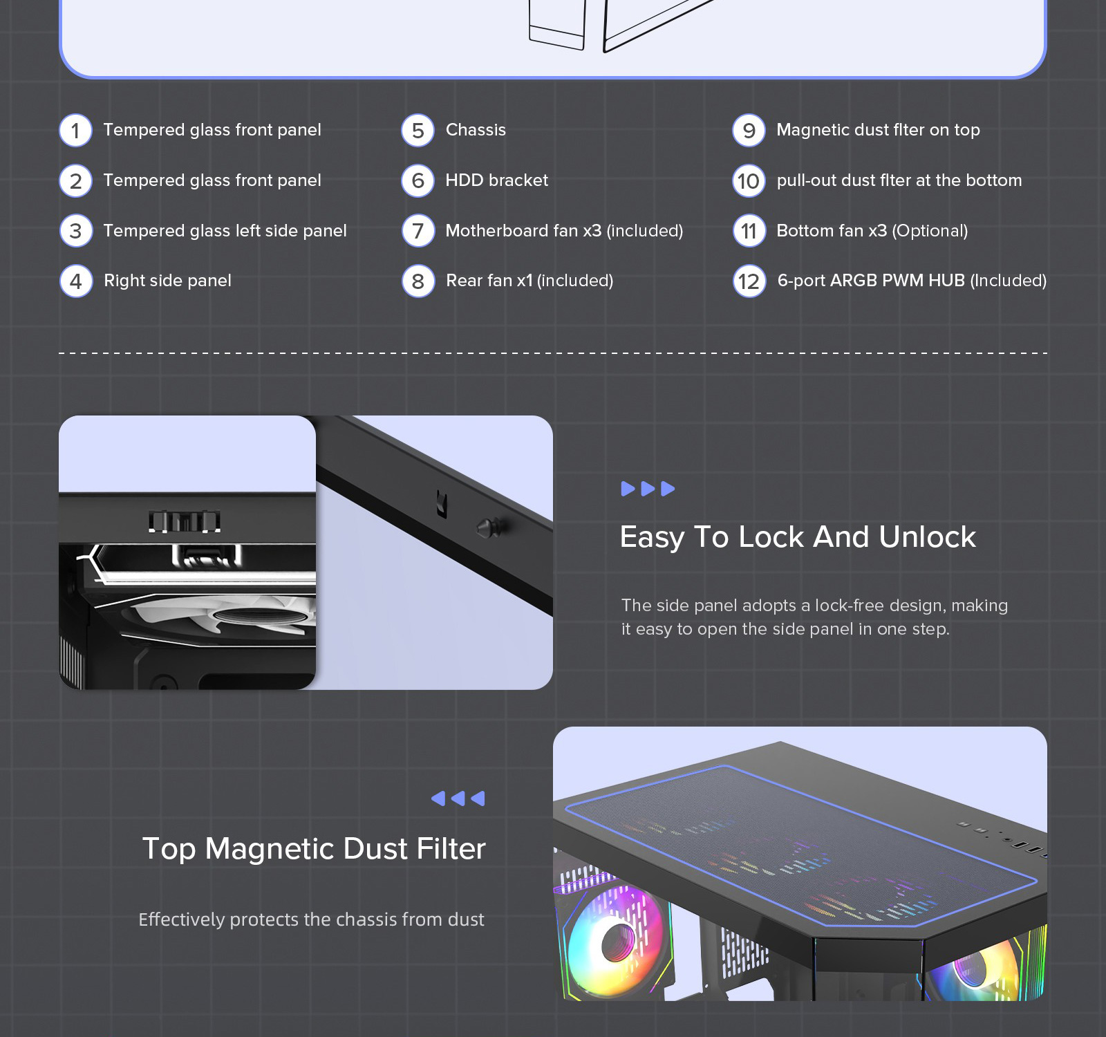 GAMEMAX HYPE-A Black USB3.0 Mid-Tower ATX Tempered Glass Computer Case w/4 x PWM ARGB Fans (3 x ...